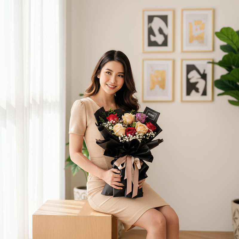 Evermore Red & Champagne Roses Hand Bouquet | Free Delivery